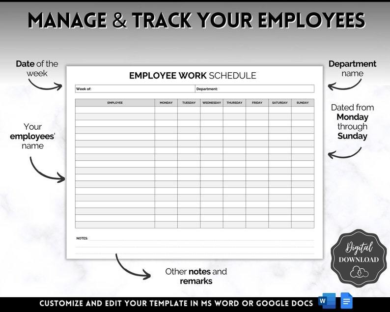 Employee Work Schedule, EDITABLE Employee Time Sheet Template, Weekly ...