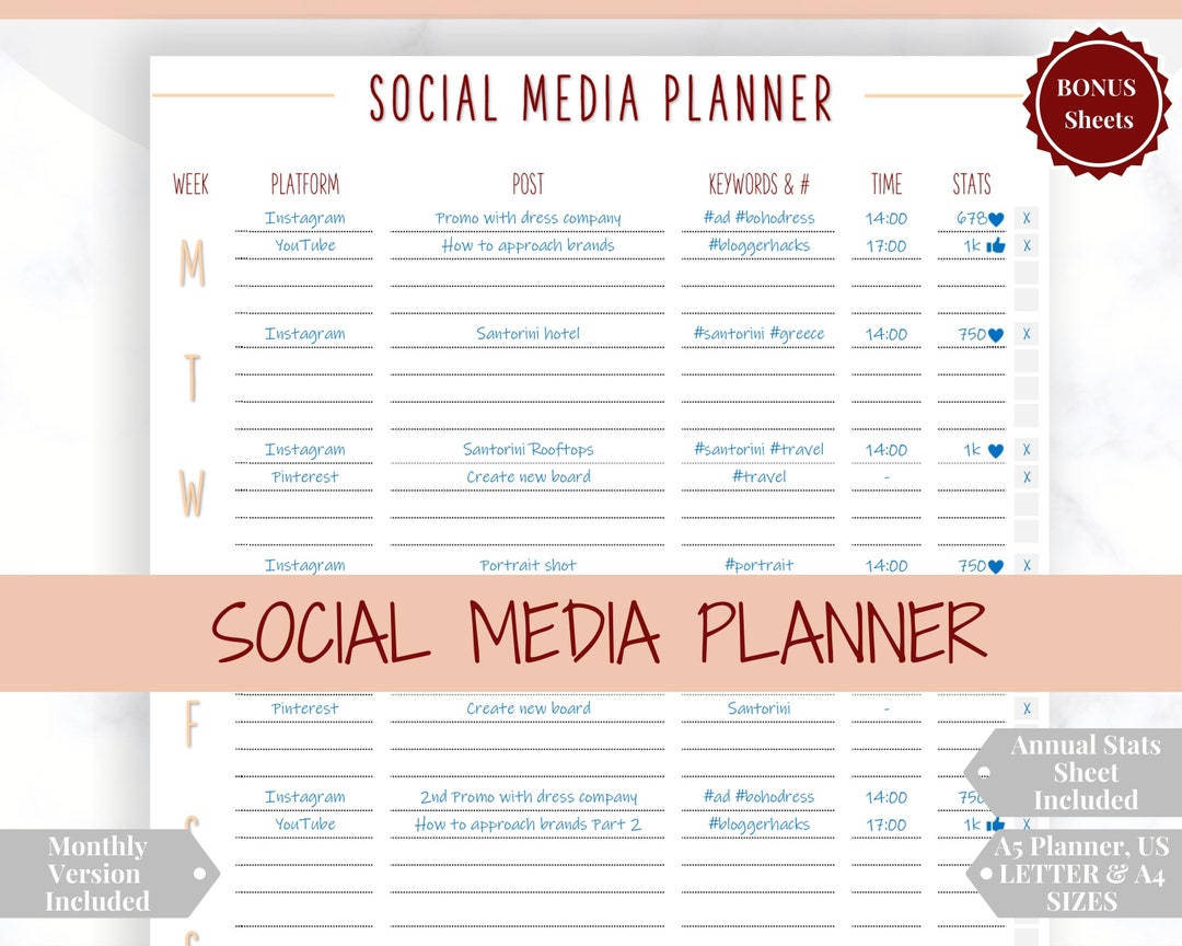 Social Media Planner Printable. Tracker for Instagram, Youtube ...