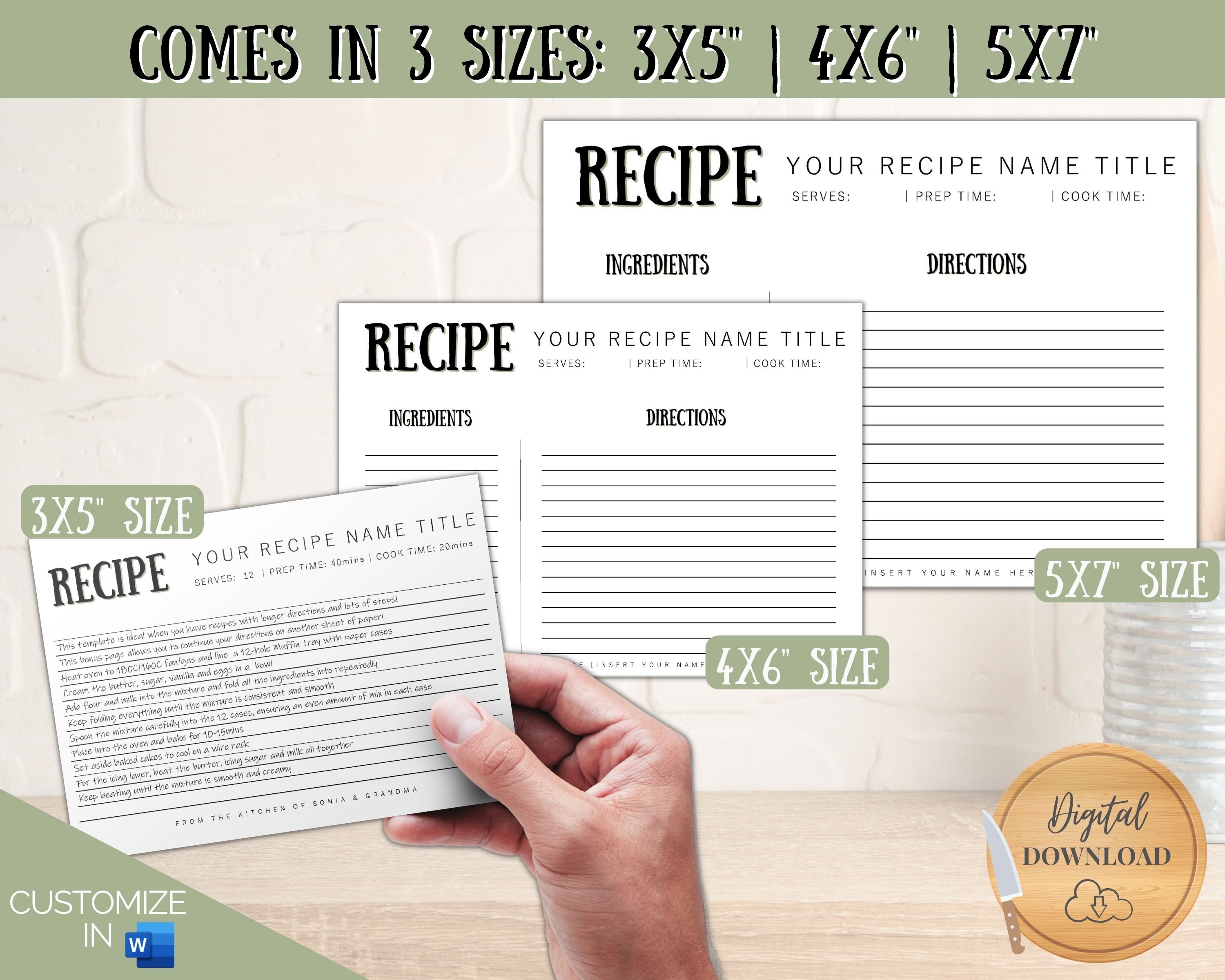 EDITABLE Recipe Card Template, Recipe Template, Recipe Cards Printable ...