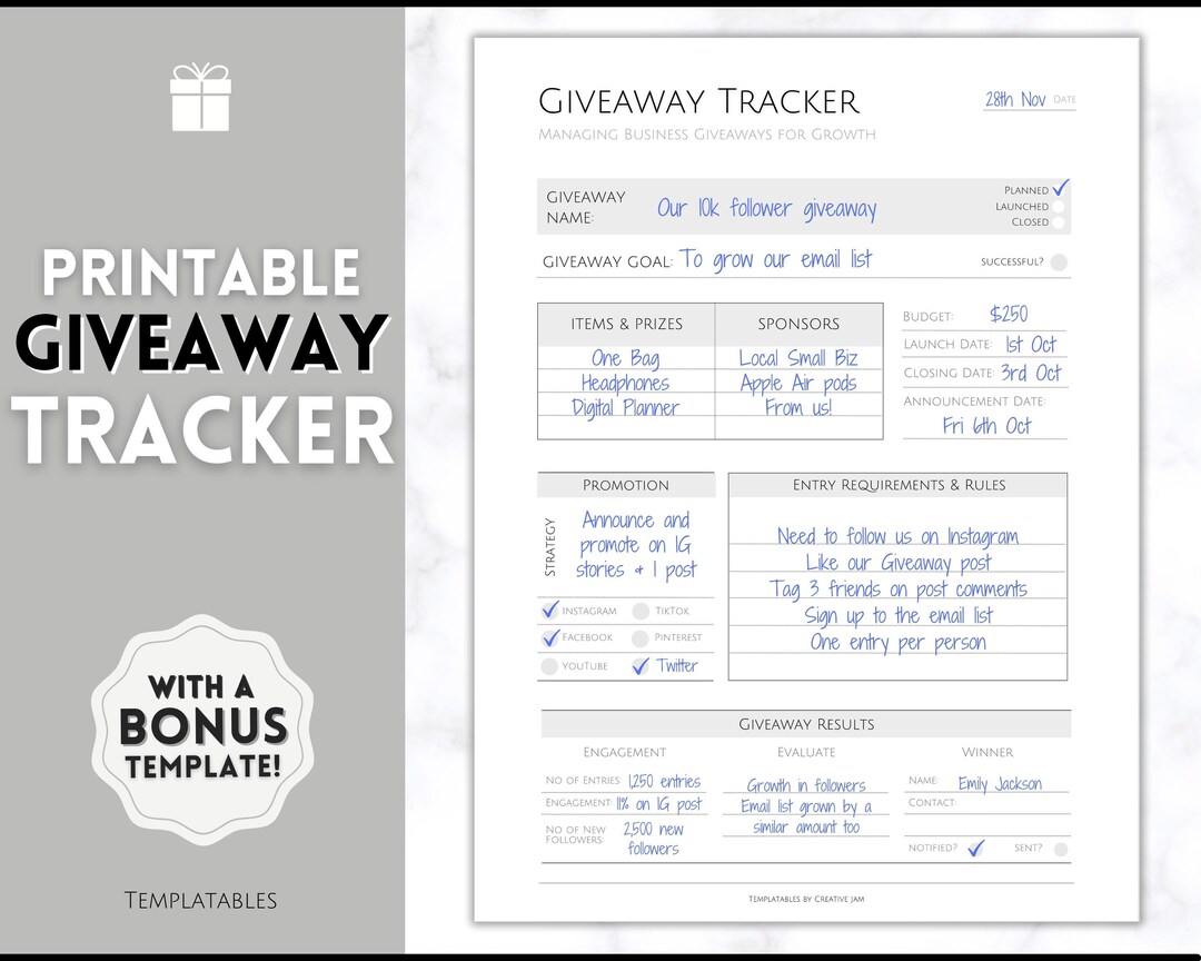 Giveaway Tracker, Social Media Planner, Printable Giveaway Template ...
