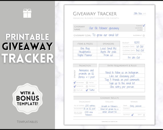 Giveaway Tracker Social Media Planner Printable Giveaway - Etsy