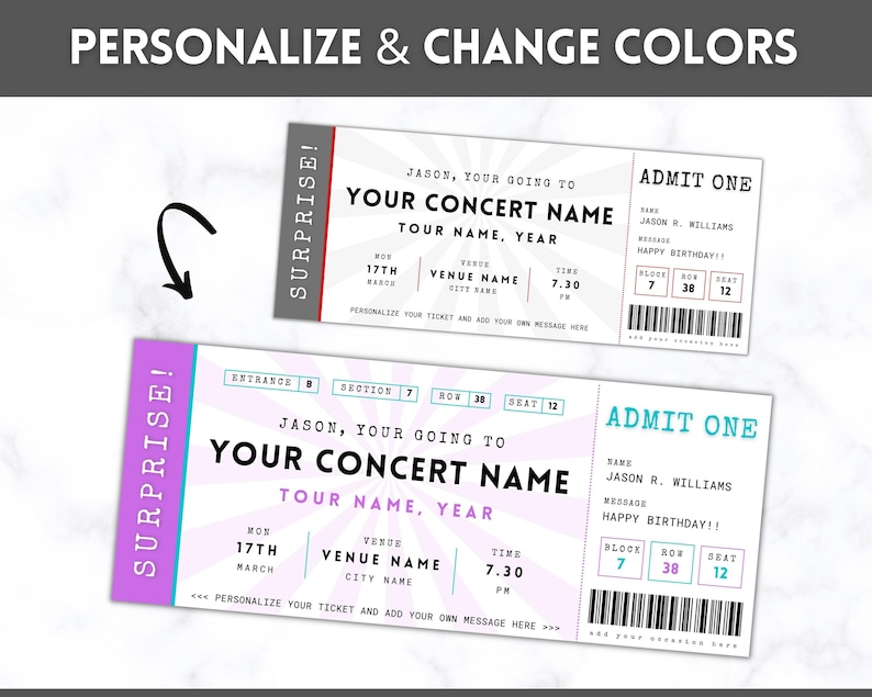 EDITABLE Concert Ticket Template Surprise Getaway Gift - Etsy