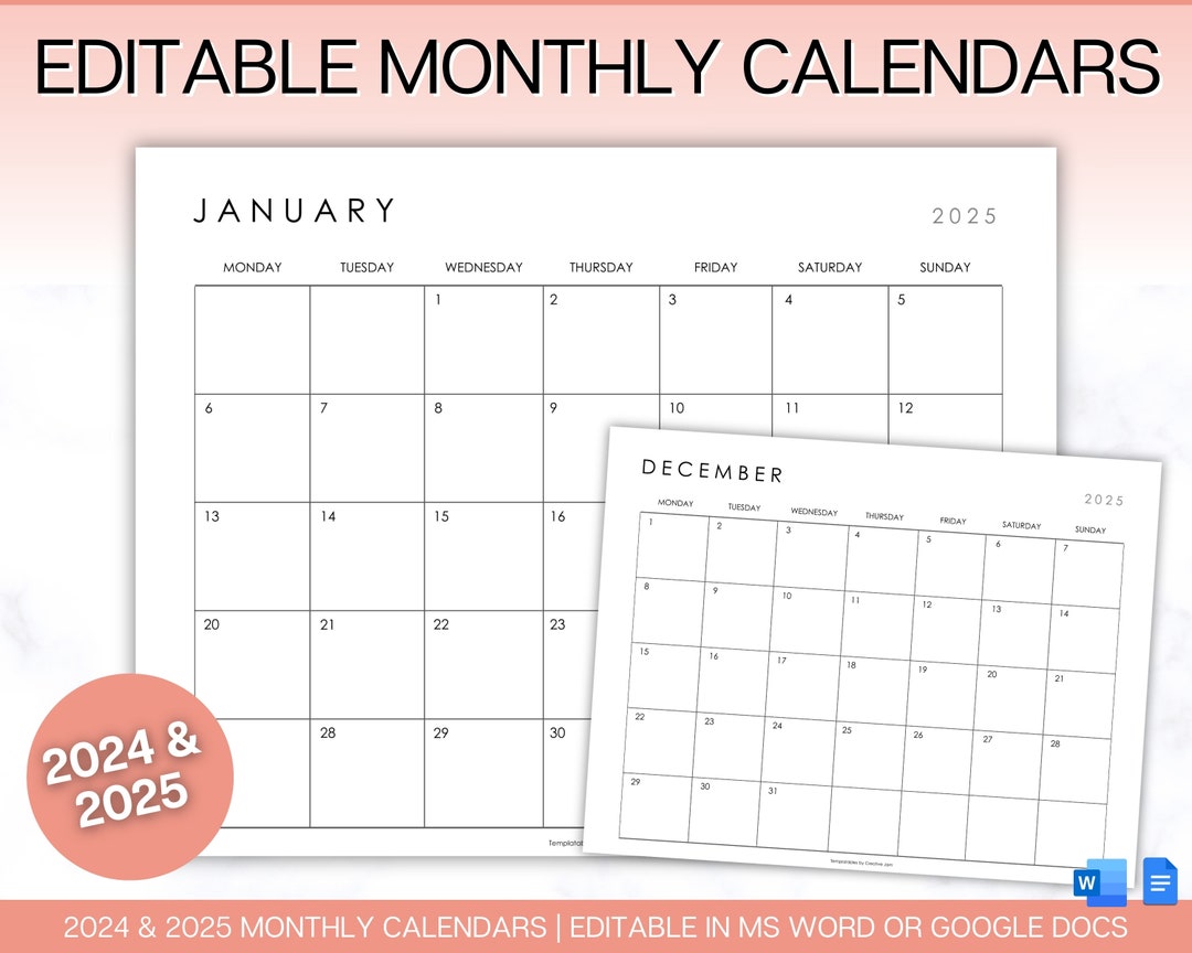 EDITABLE 2024 Monthly Calendar Template | 2024 & 2025 Included ...