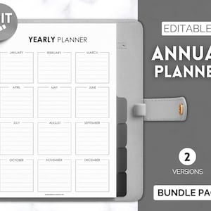 Editable Yearly Planner, Year at a Glance, Undated Annual Planner, to ...