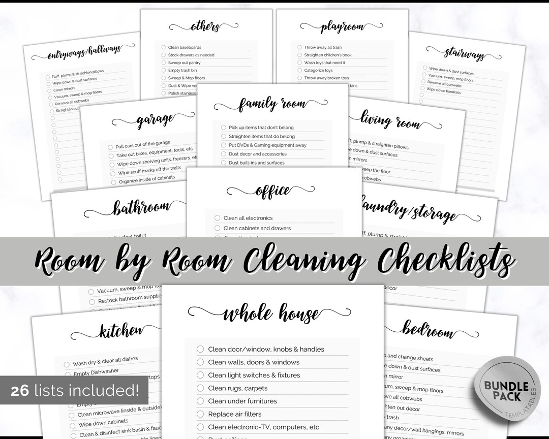 Cleaning Checklist, Printable Room by Room Cleaning Cards, Family ...