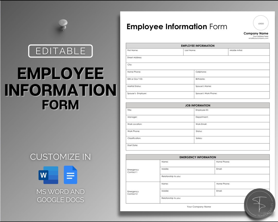Employee Information Form, EDITABLE Employee Onboarding Template, Small ...