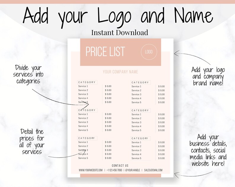 Editable PRICE LIST Template. Printable Price Sheet Price | Etsy