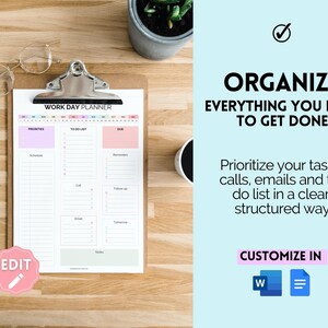 Work Day Organizer, Editable Daily Planner, Work From Home to Do List ...