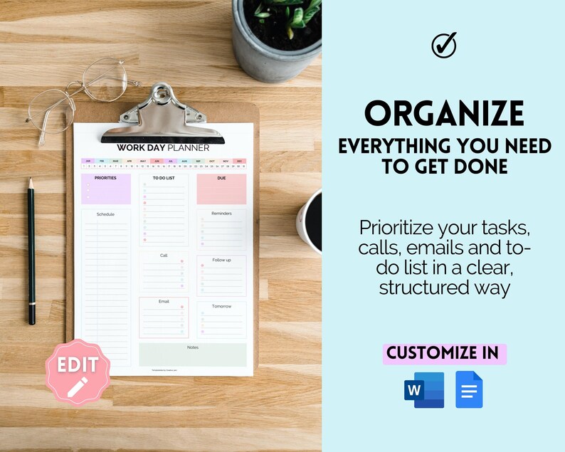 Work Day Organizer Editable Daily Planner Work From Home to - Etsy