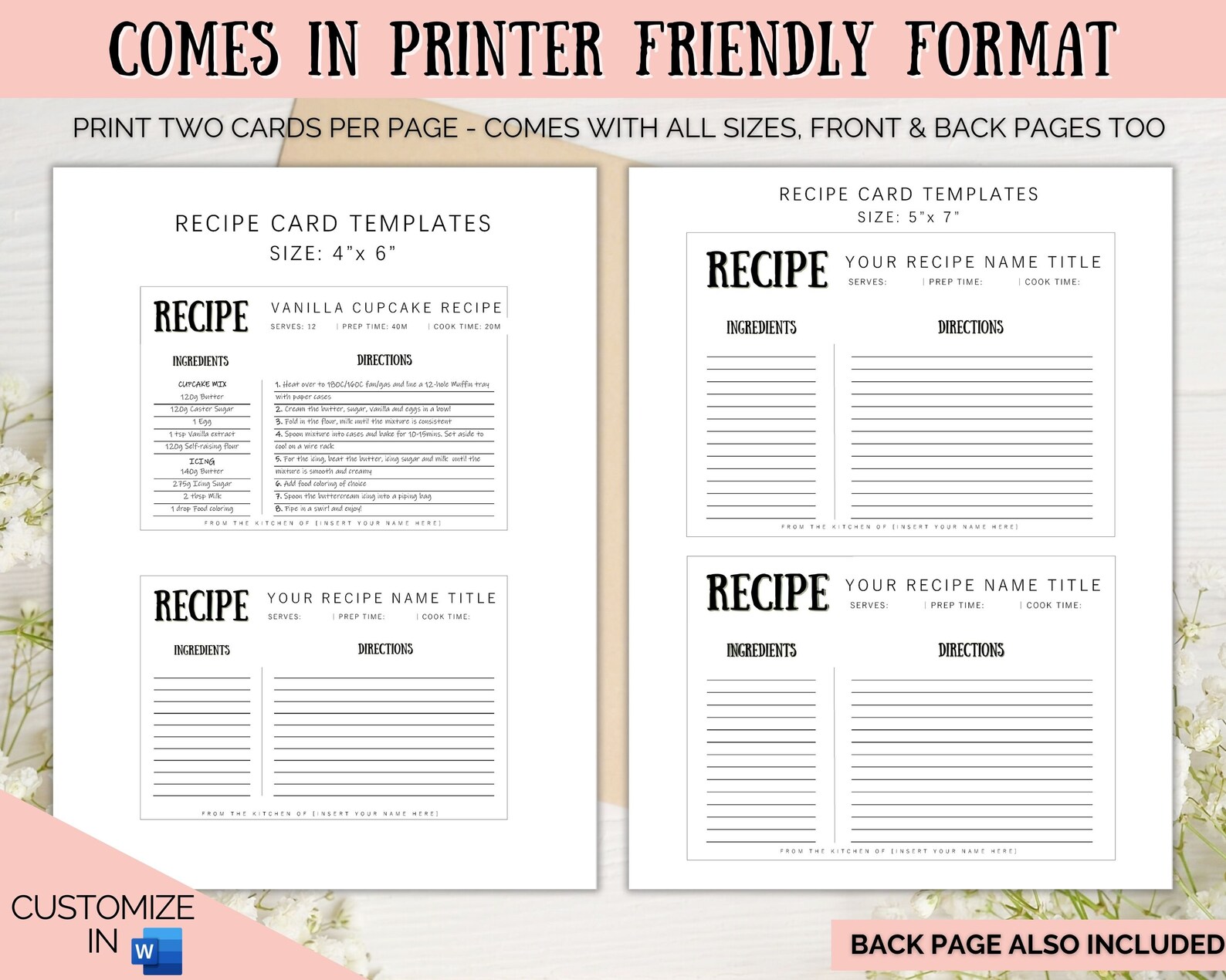 Recipe Card Template, EDITABLE Recipe Template, Recipe Cards Printable ...