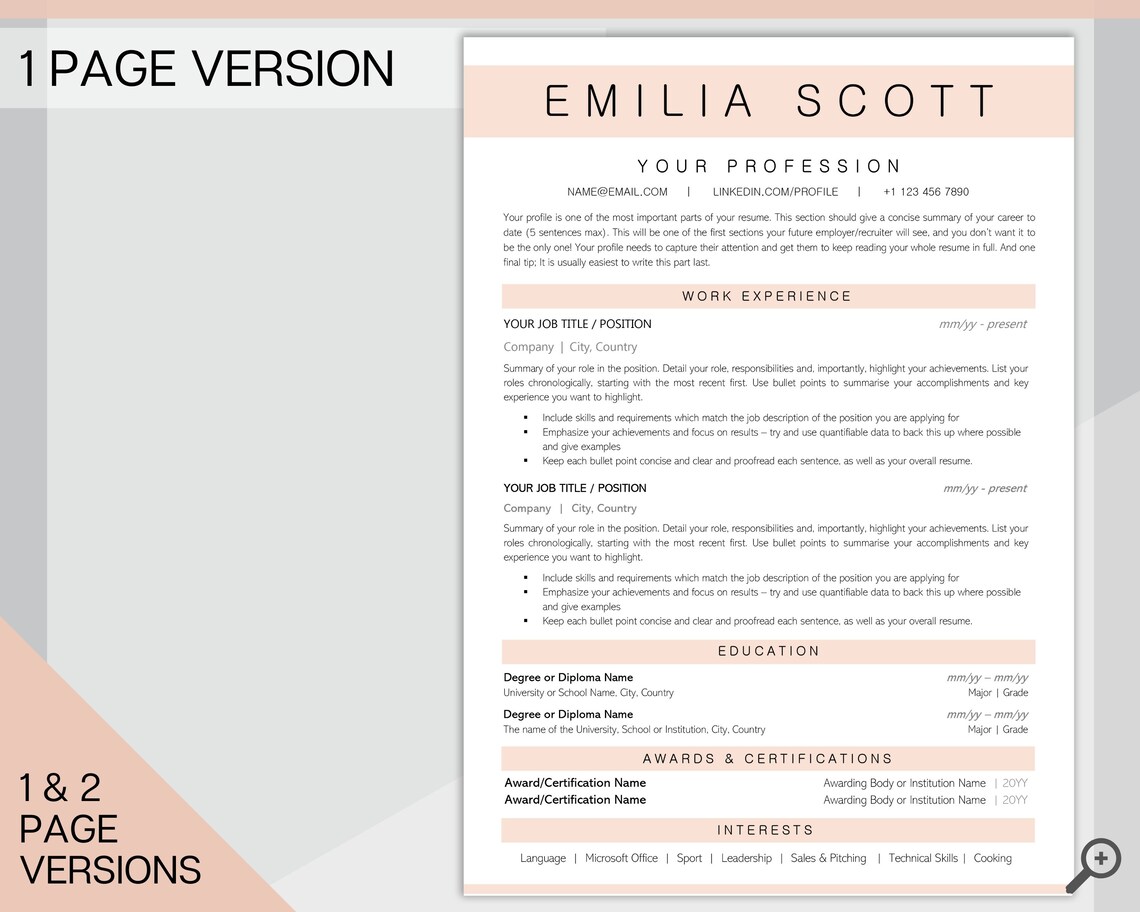 ONE Page Resume Template Word. CV Template Professional Cv - Etsy UK