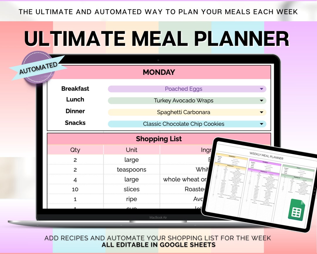 Ultimate Meal Planner Spreadsheet, Recipe Template, AUTOMATED Grocery ...