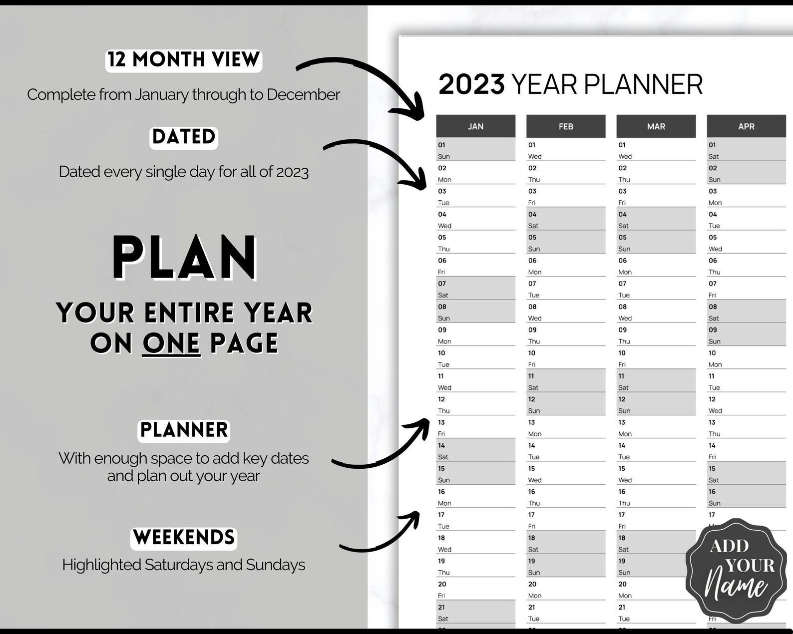Yearly Wall Calendar Printable Large 2023 Calendar - Etsy