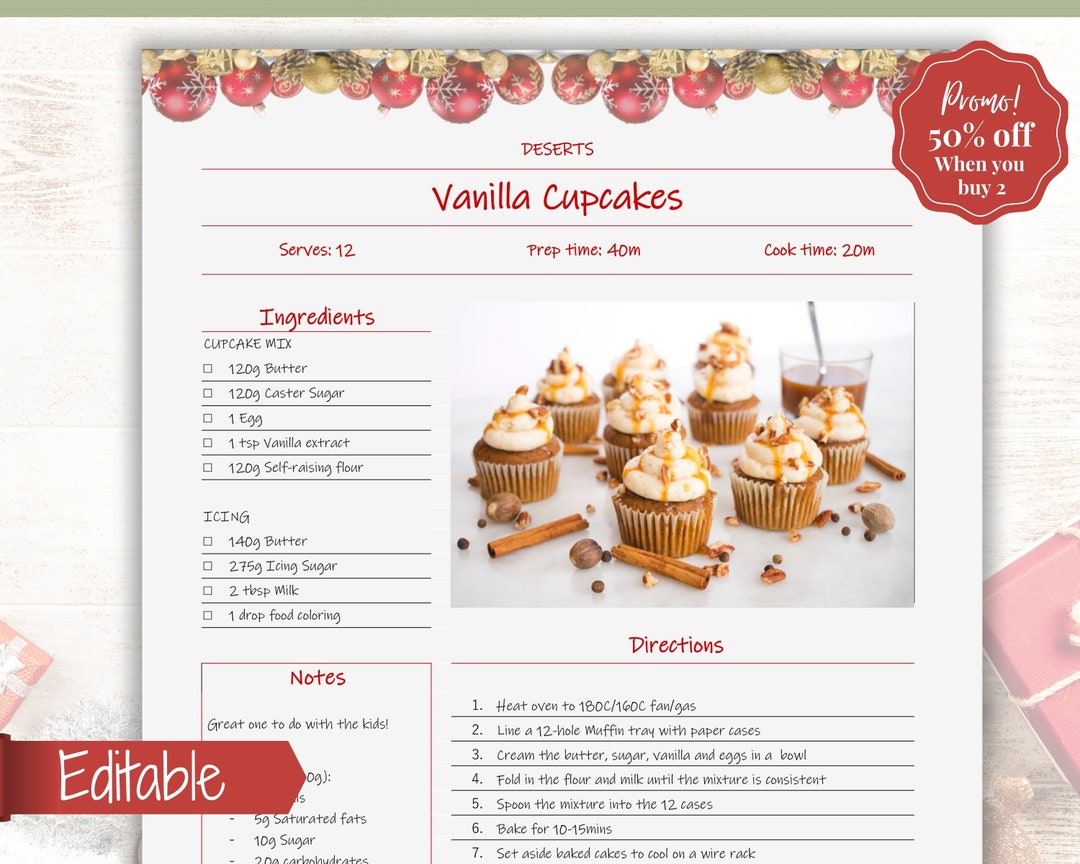 CHRISTMAS Recipe Sheet Template, EDITABLE Recipe Book Template, Recipe ...