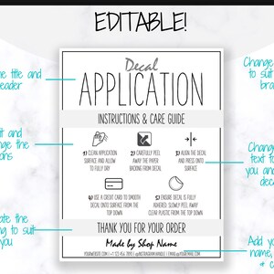 EDITABLE Vinyl Decal Care Card Instructions Printable Decal - Etsy