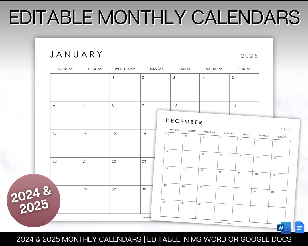 EDITABLE 2024 Monthly Calendar Template | 2024 & 2025 Included ...