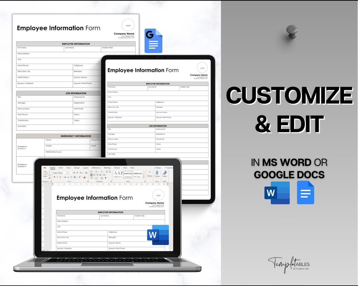 Employee Information Form, EDITABLE Employee Onboarding Template, Small ...