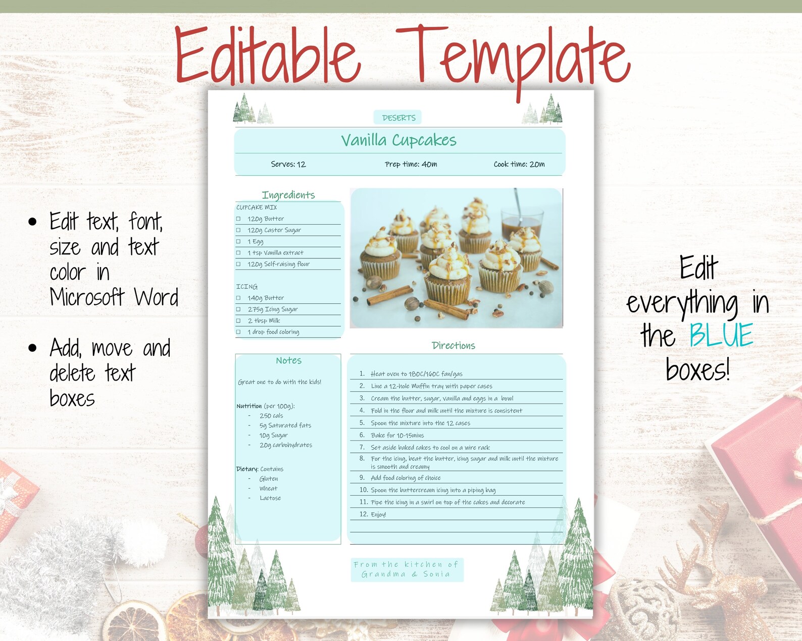 CHRISTMAS Recipe Sheet Template, EDITABLE Recipe Book Template, Recipe ...