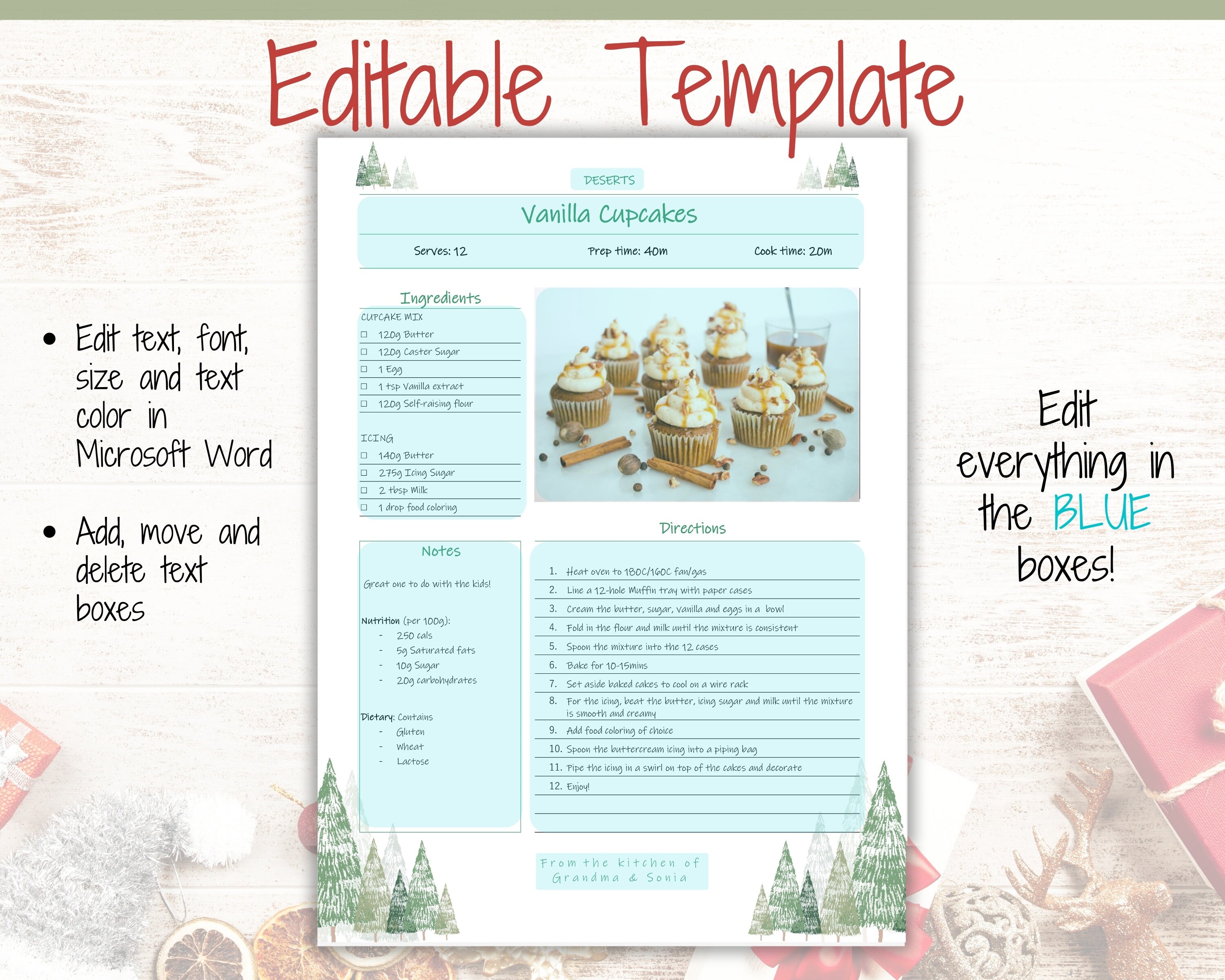 CHRISTMAS Recipe Sheet Template, EDITABLE Recipe Book Template, Recipe ...