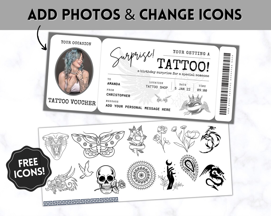 Tattoo Ticket Template, EDITABLE Tattoo Gift Card, Tattoo Gift Voucher ...
