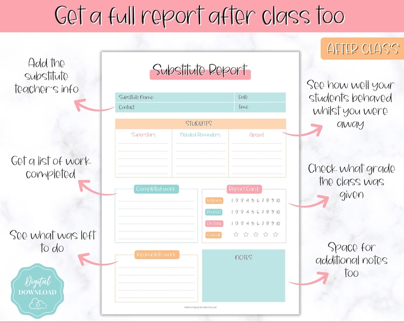 Substitute Teacher Note Printable Teacher Planner Template - Etsy