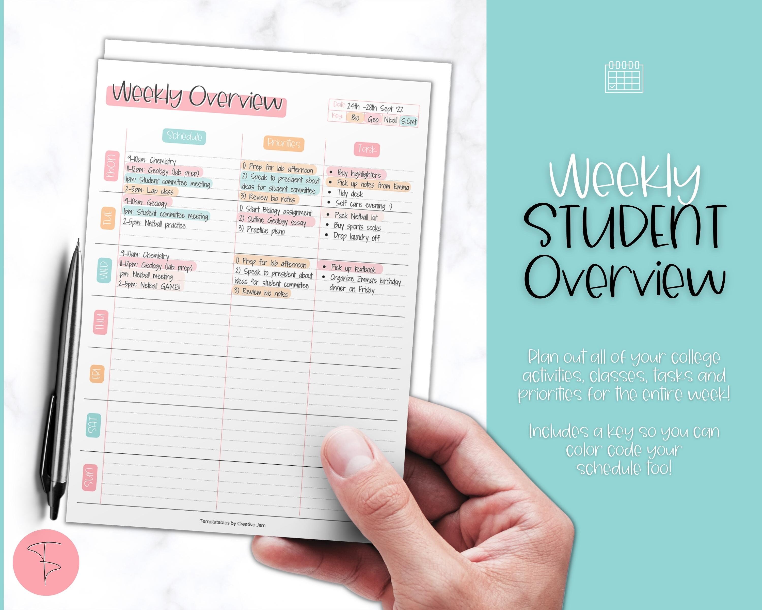 Student Planner, Printable College Weekly Schedule, College Student ...