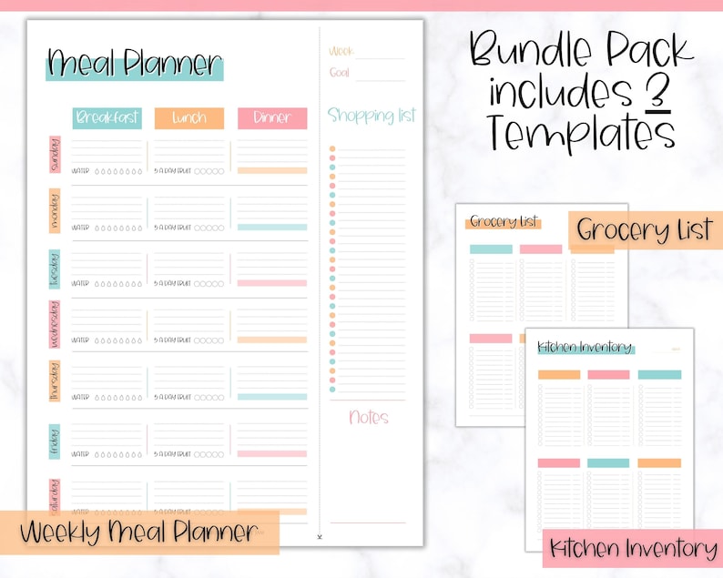 Colorful Meal Planner Printable, Weekly Food Diary, Meal Tracker, Food ...
