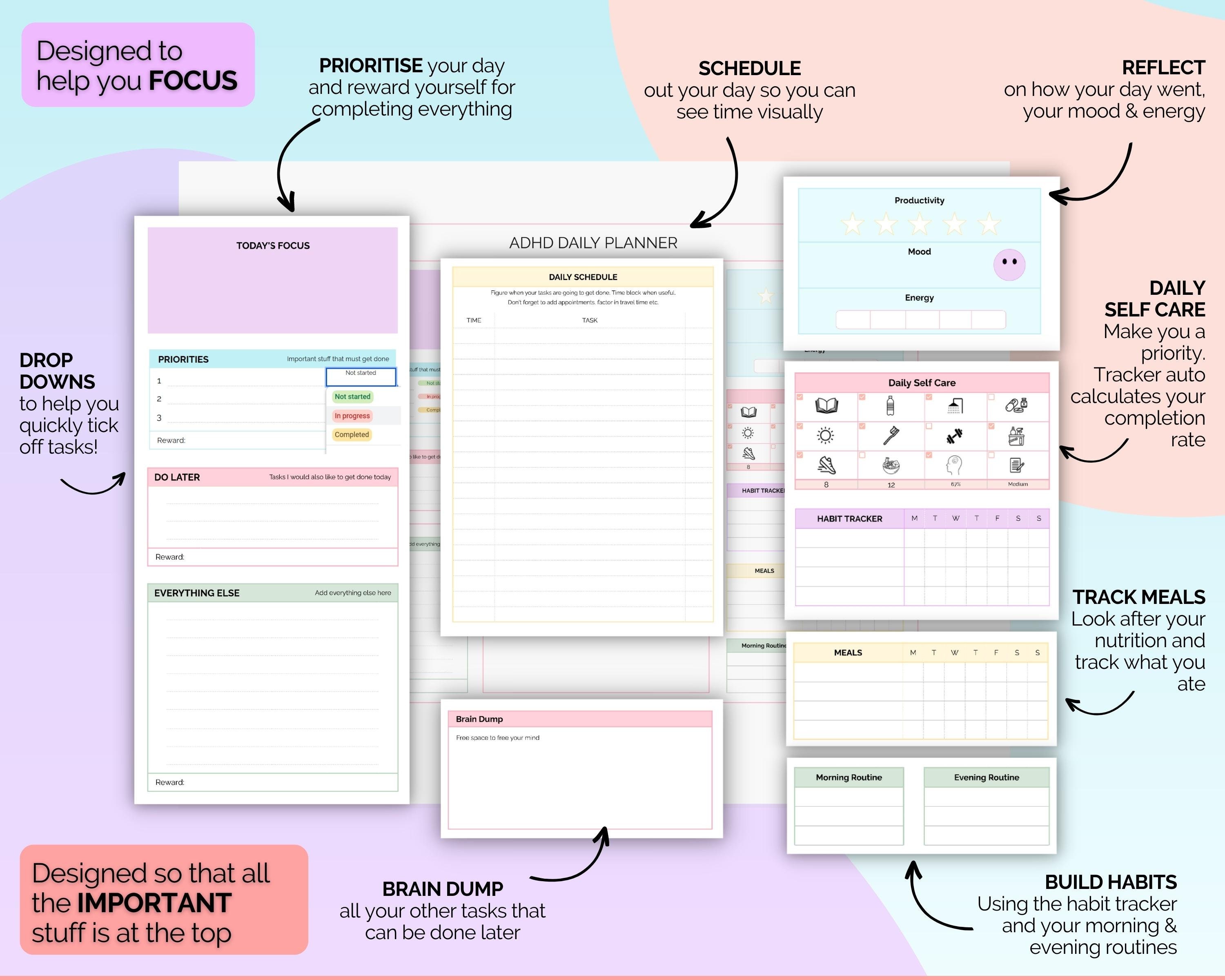 EDITABLE ADHD Digital Planner, Daily Planner Spreadsheet ...