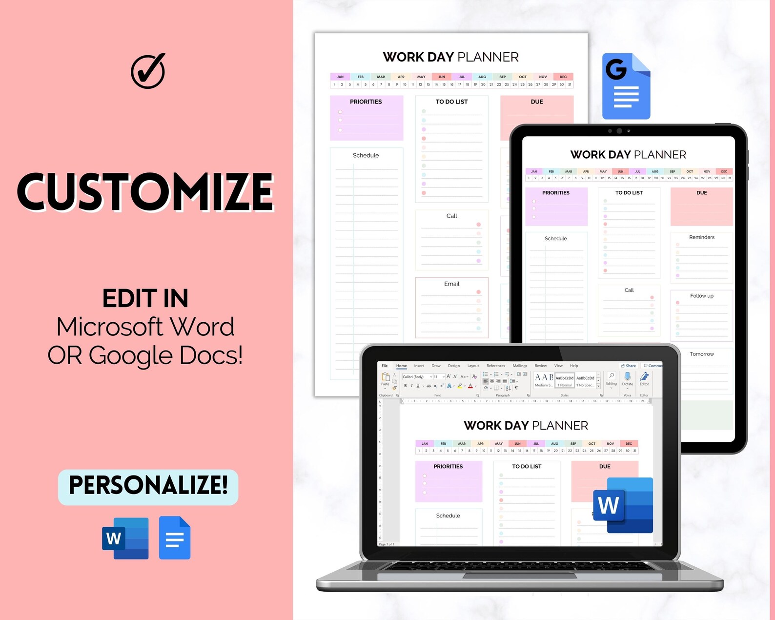 Work Day Organizer, Editable Daily Planner, Work From Home to Do List ...