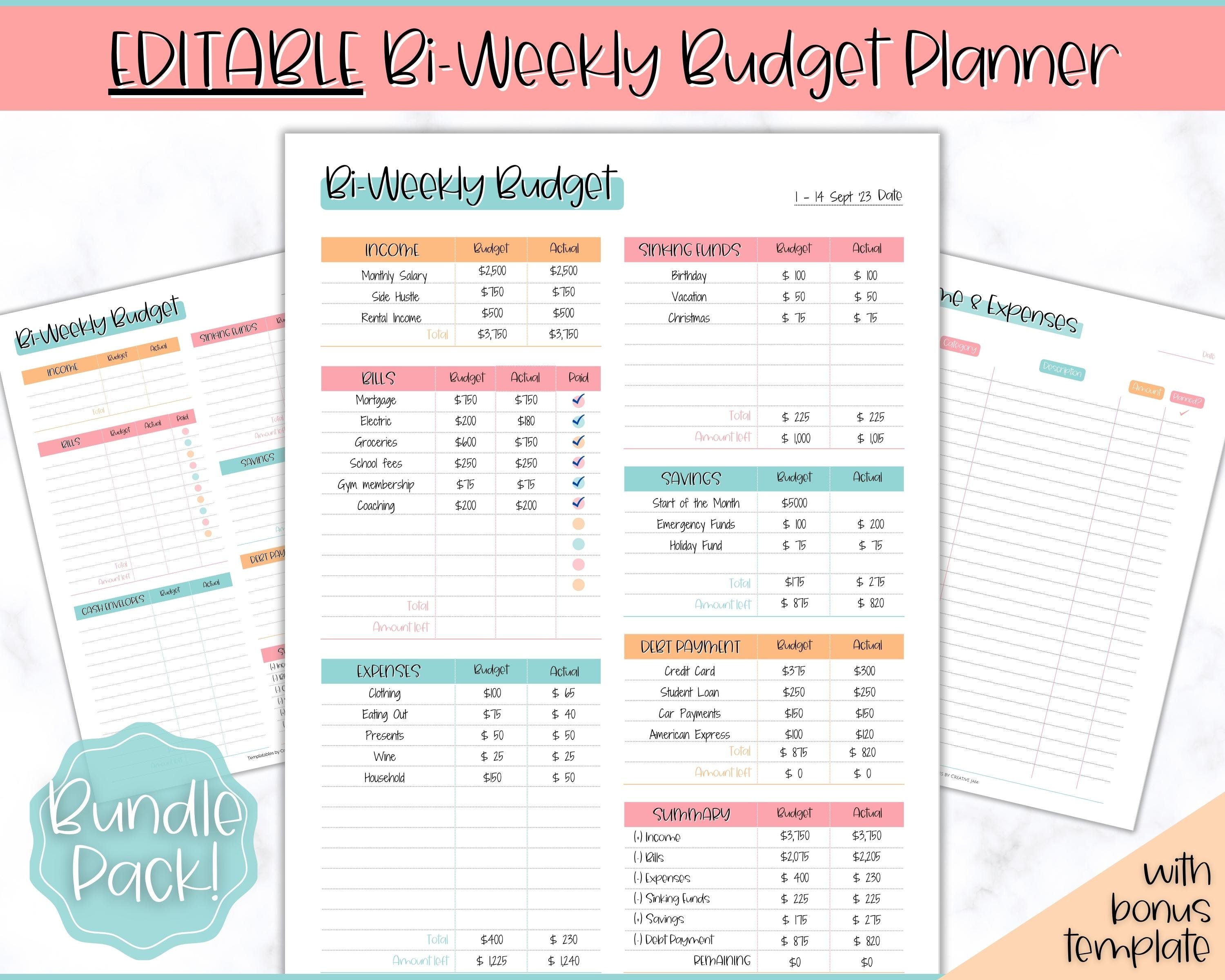 EDITABLE Biweekly Budget Planner, Bi-weekly Template, PDF Printable ...