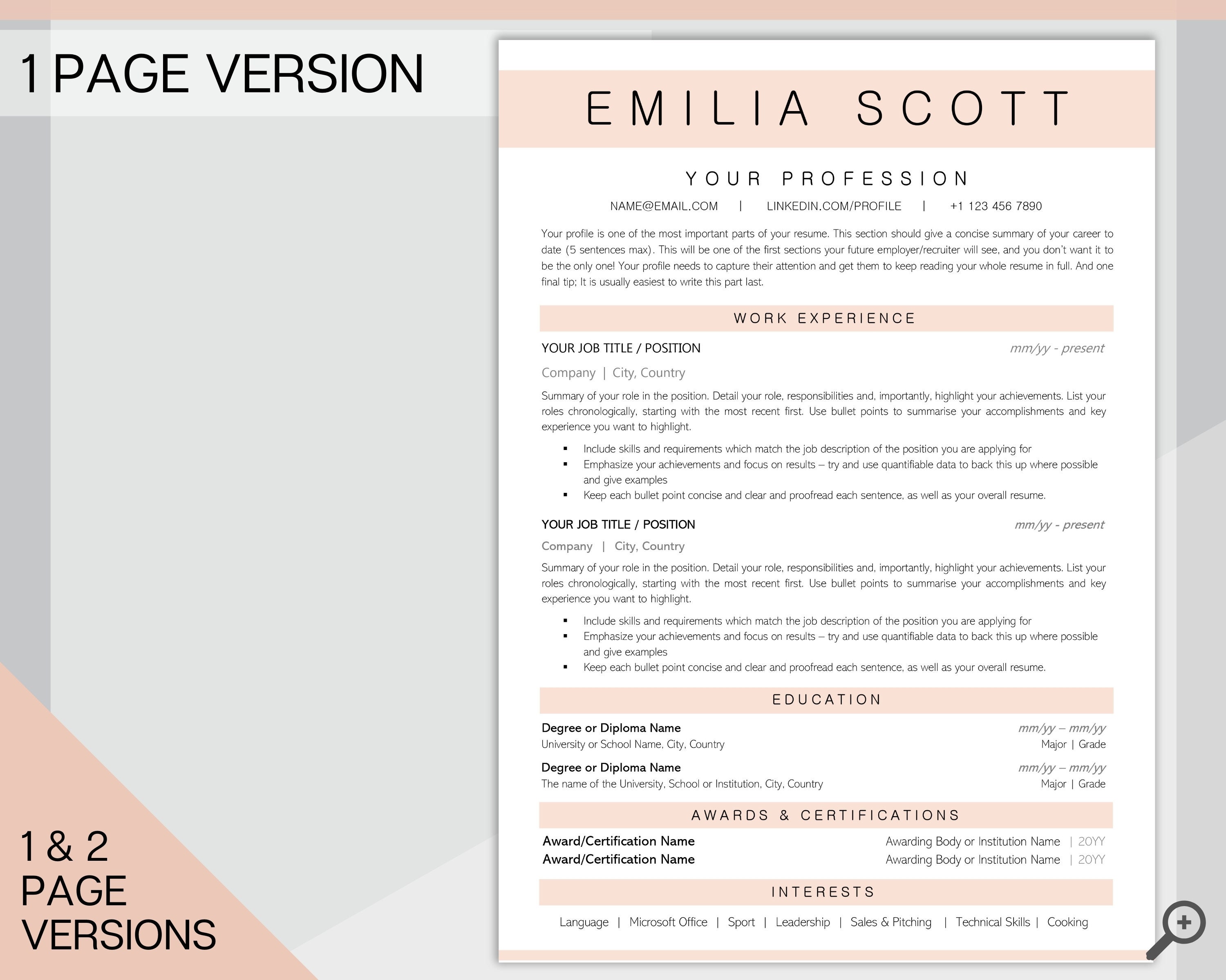 2 Page Resume Template Word. CV Template Professional CV | Etsy UK