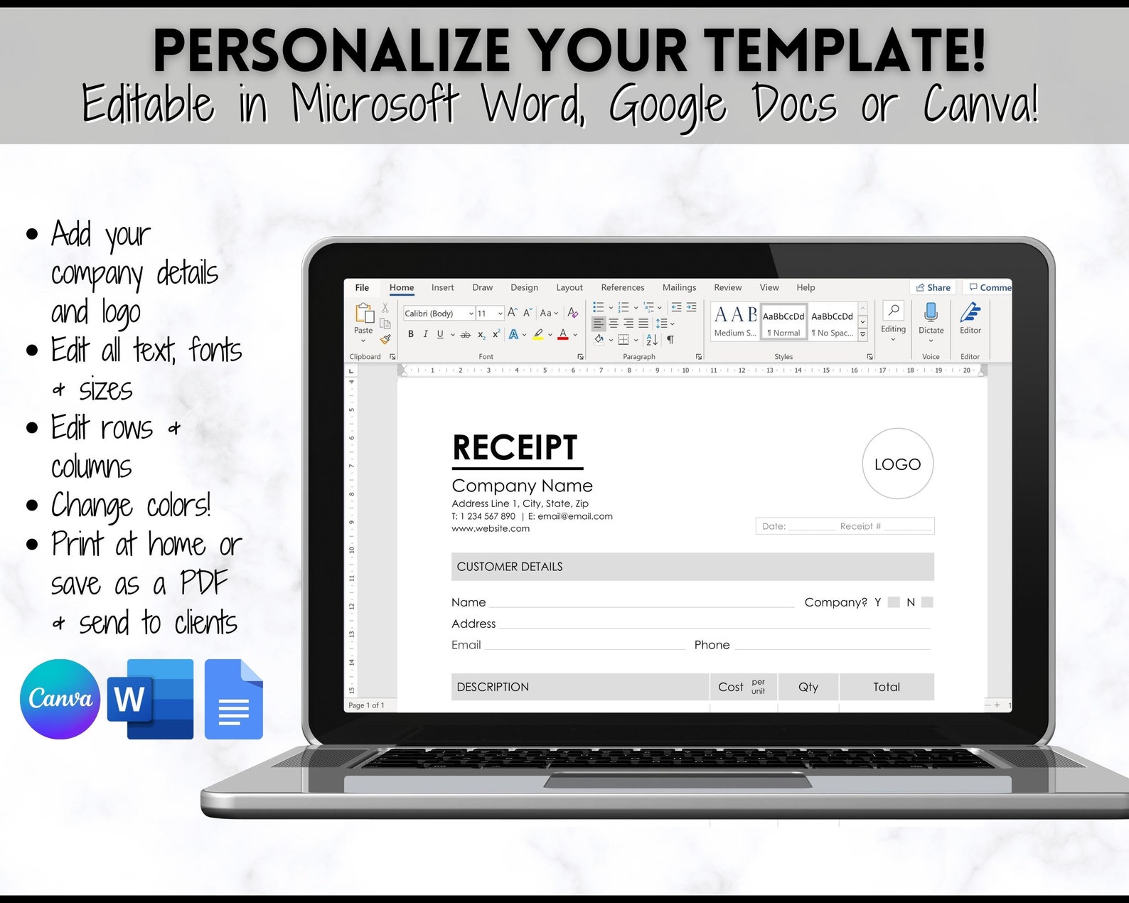 EDITABLE Receipt Template, Receipt Form, Small Business, Invoice Order ...