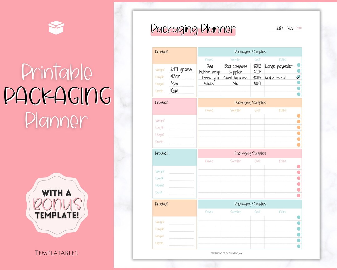 Packaging Planner Template, Small Business Plan, Packaging Supplies ...
