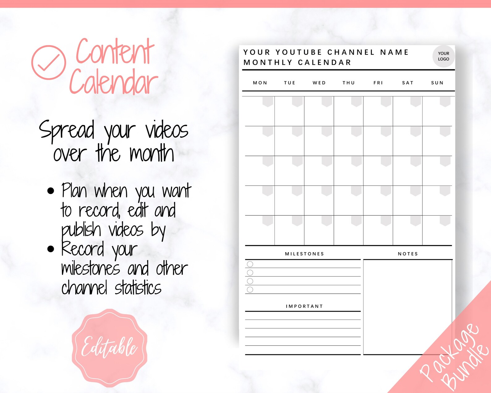 Youtube Planner, Video Planner, Social Media Content Calendar, EDITABLE ...