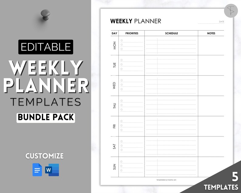 EDITABLE Weekly Schedule Weekly Planner Templates Week at a - Etsy