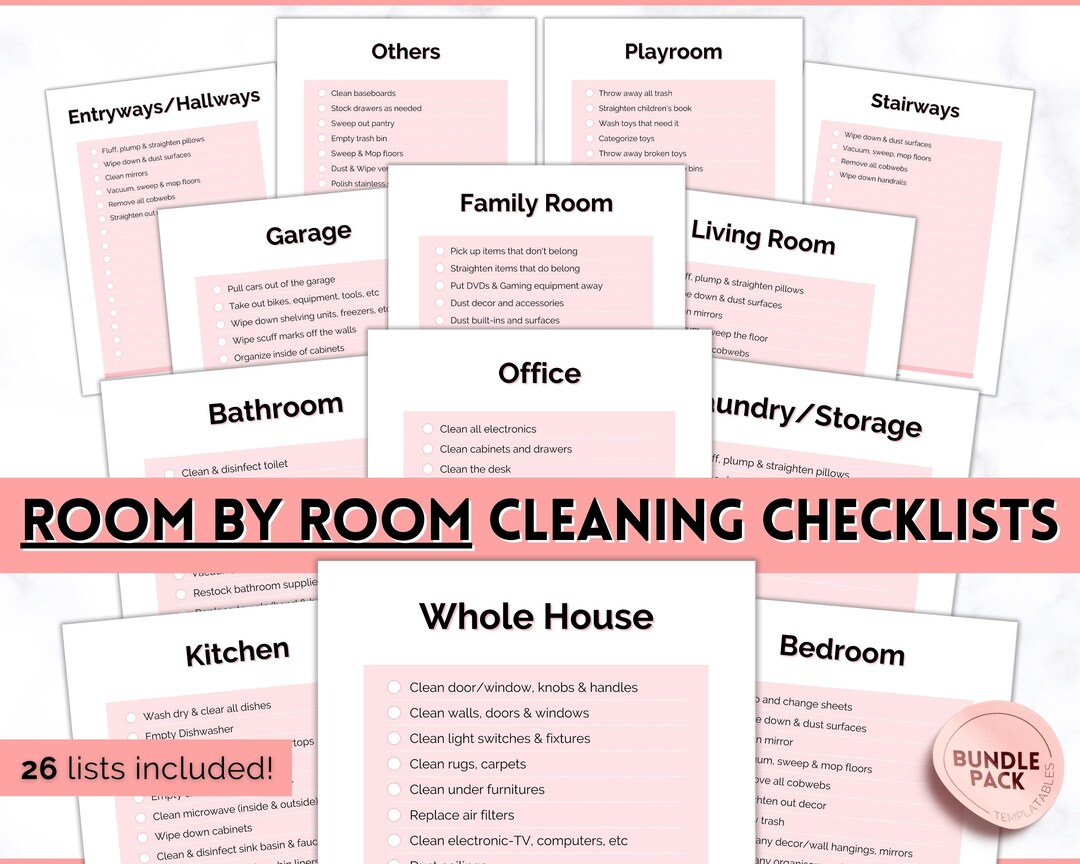 Room by Room Cleaning Cards, Printable Family & Kids Cleaning Checklist ...