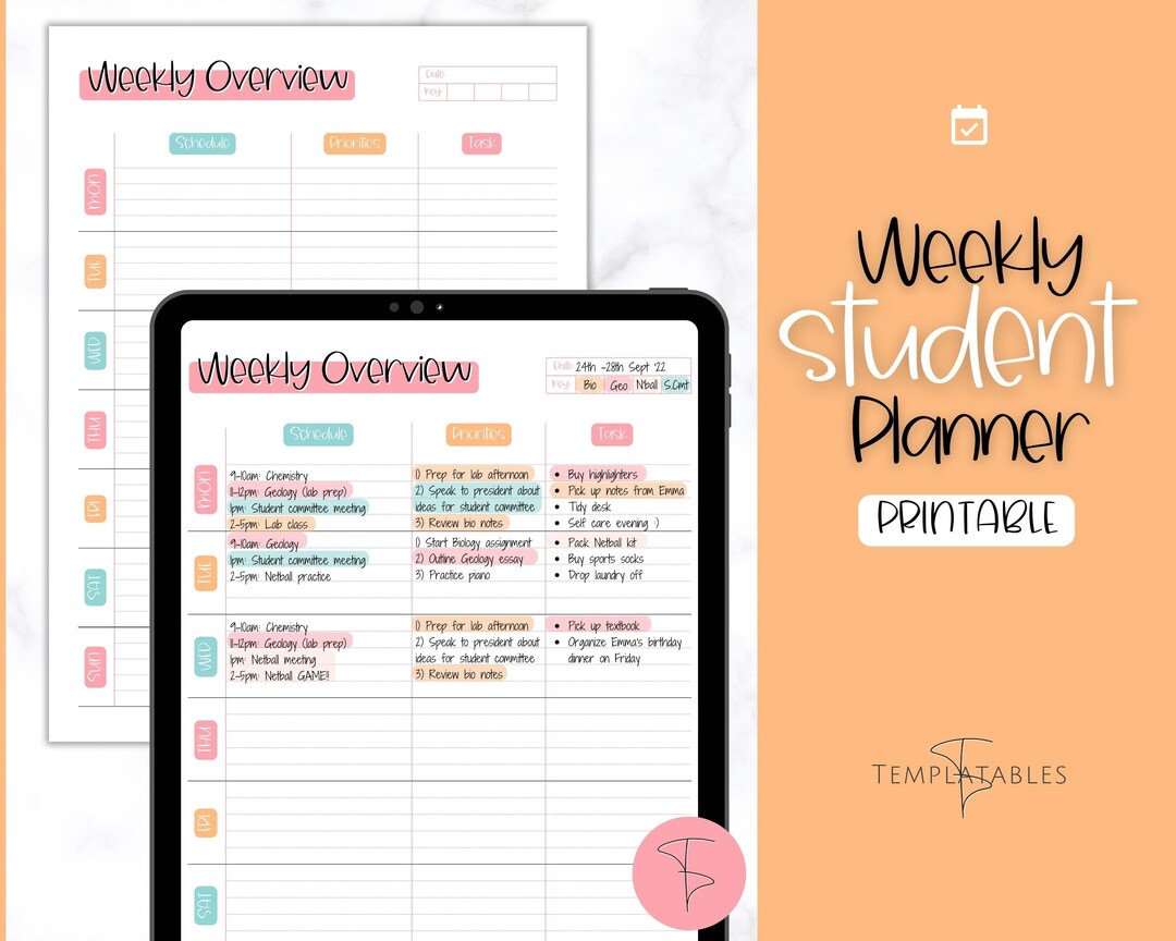 College Student Weekly Planner, Printable Weekly Schedule, College ...