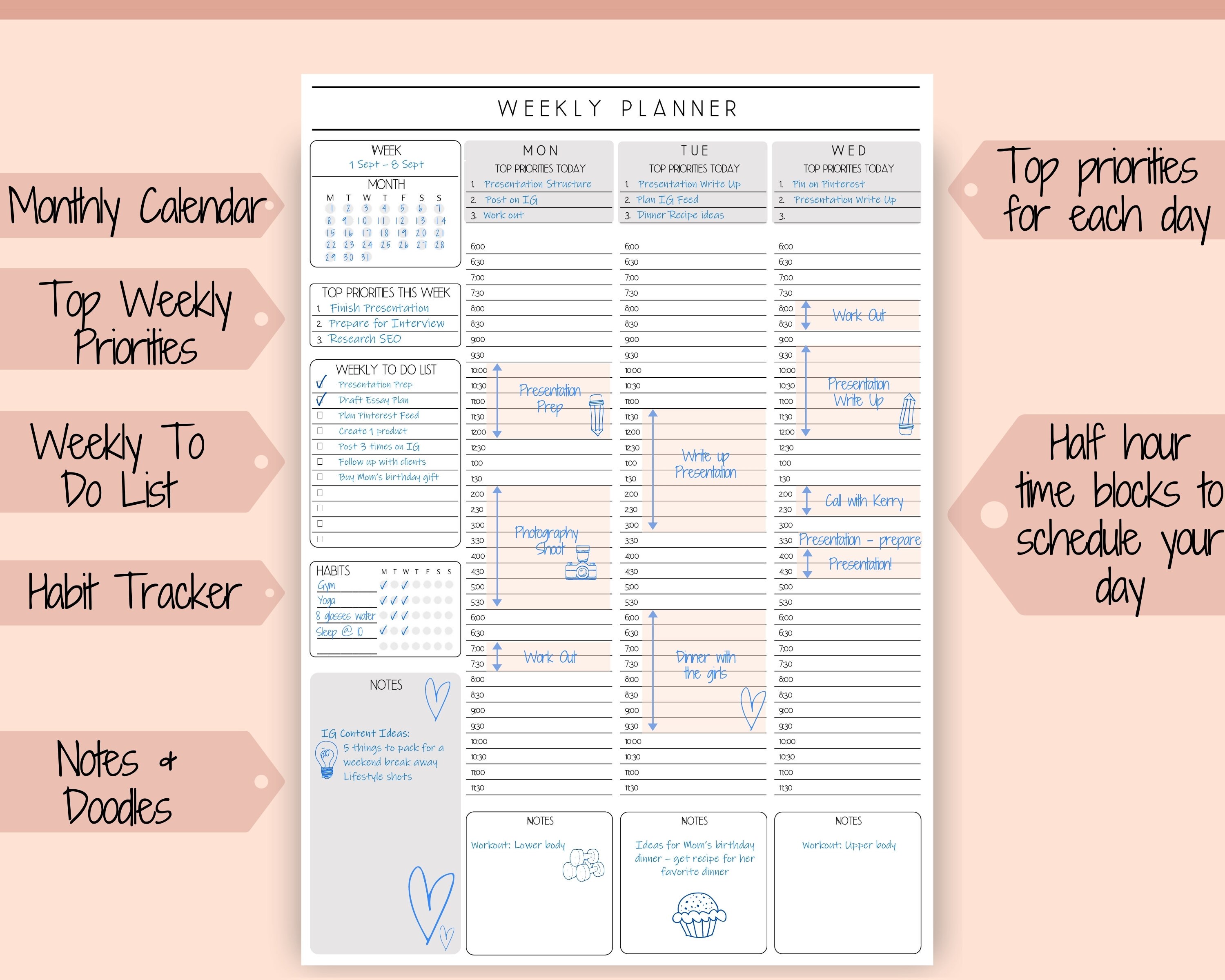 Undated Planner Weekly Planner Printable Week on 2 Pages - Etsy
