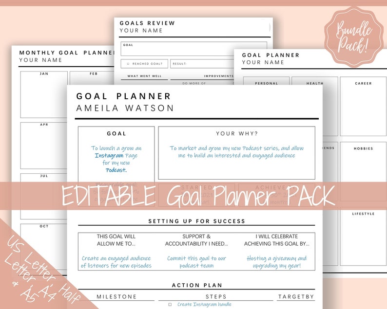 EDITABLE Goal Planner, 2024 Goals Tracker, Goal Planner Kit, 2024 New ...