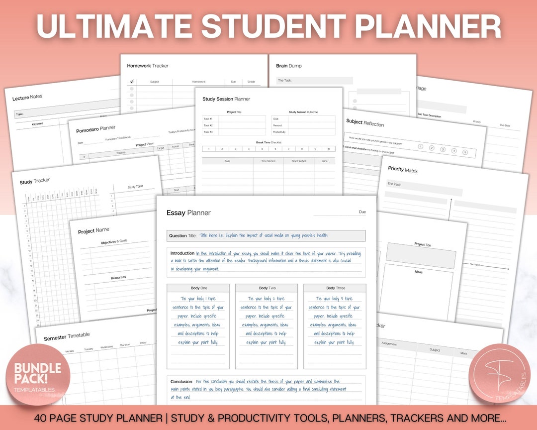 Ultimate Student Planner Printable, 40pg Study Planner, Academic, Project, Productivity, Exam ...