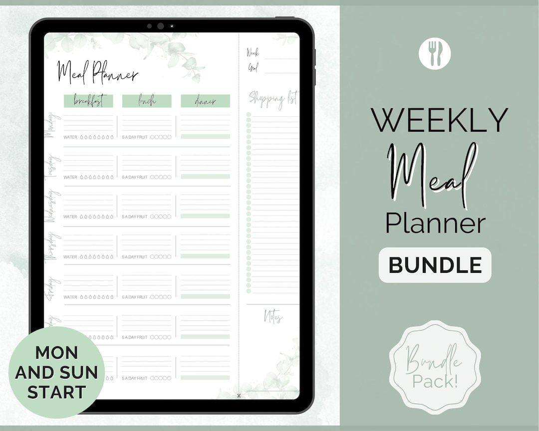 Green Meal Planner Printable, Weekly Food Diary, Meal Tracker, Food ...