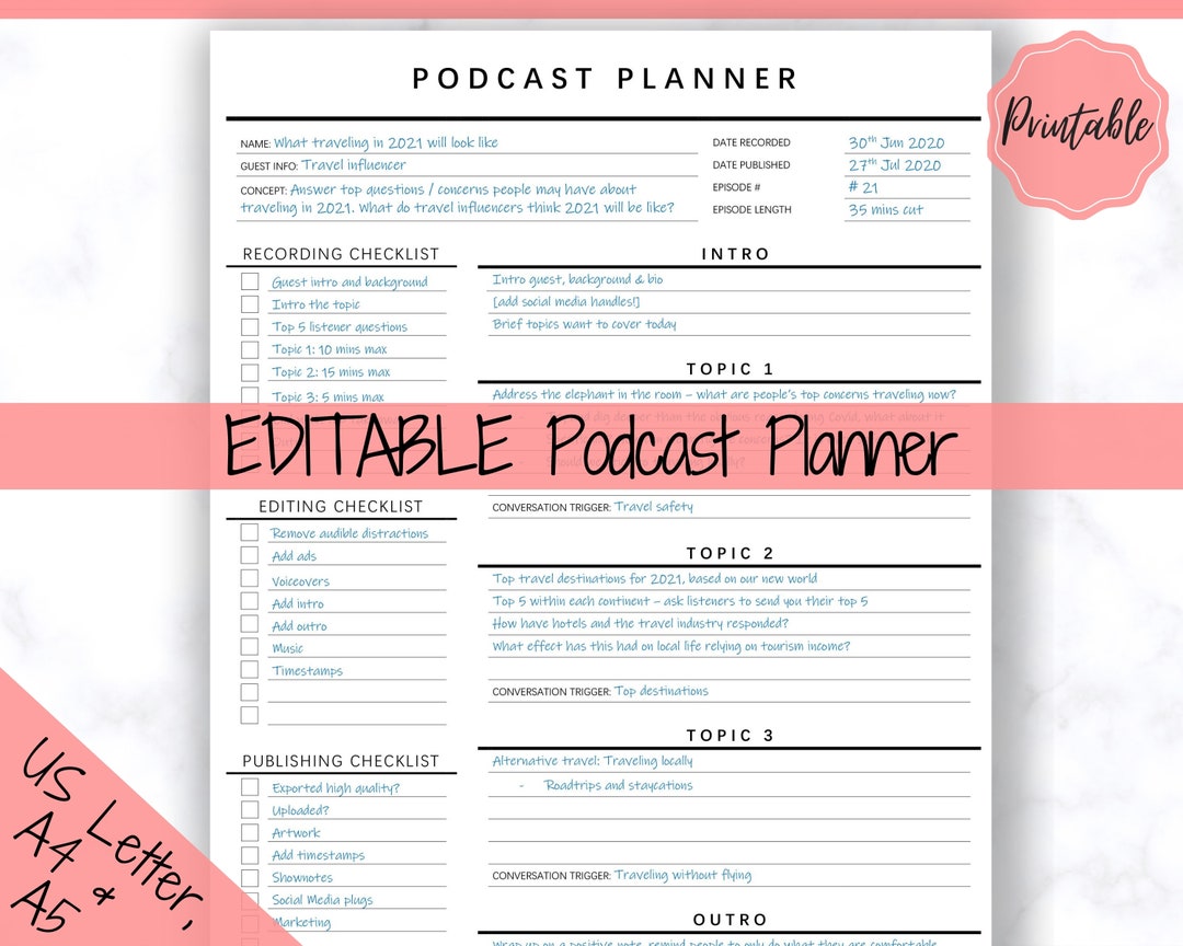 Podcast Planner, EDITABLE Podcast Template Content Calendar, Podcast ...