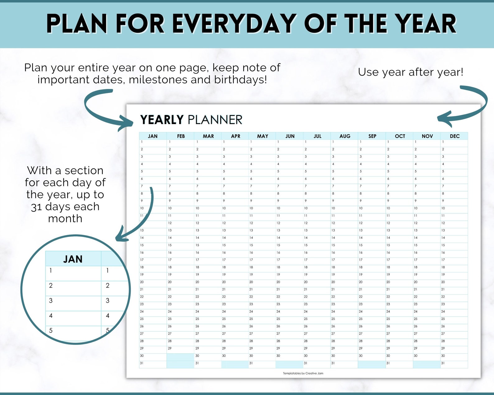 EDITABLE Perpetual Calendar, Undated Year at a Glance, Reusable ...