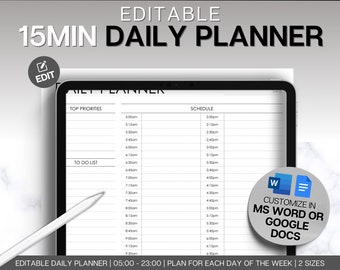 15 Minute Planner Editable Daily Tracker, Hourly, Time Block Template ...