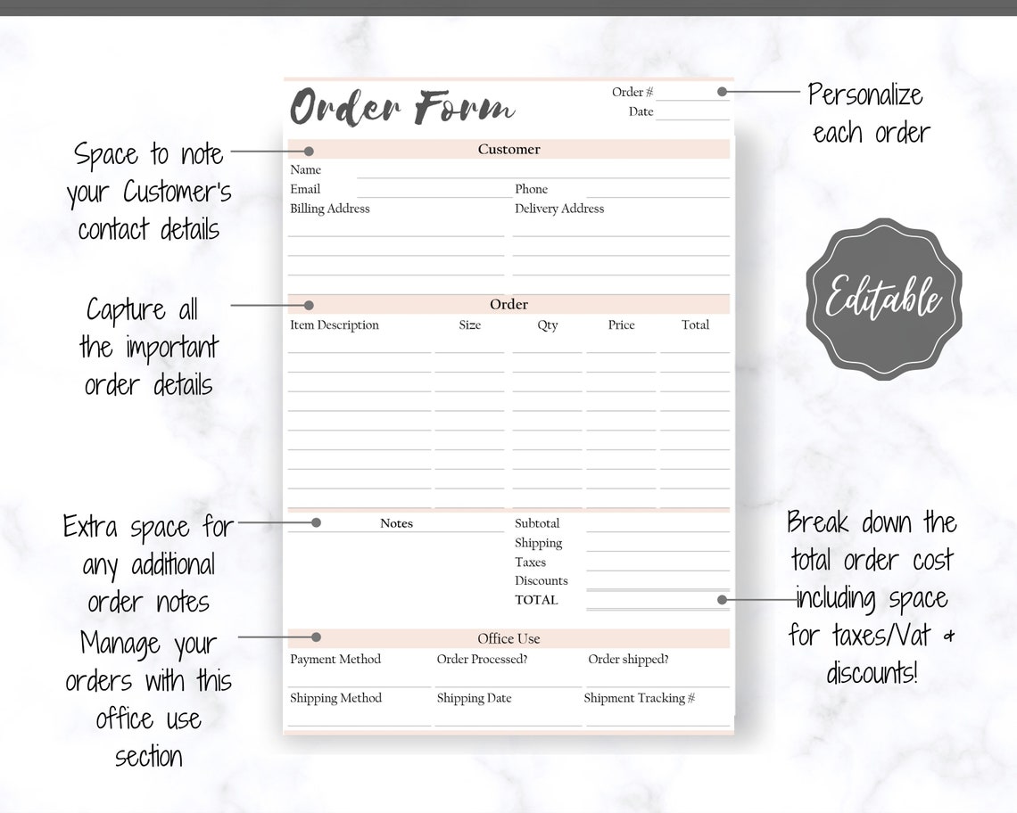 Order Form Template. EDITABLE PINK Customer Sales Order - Etsy UK