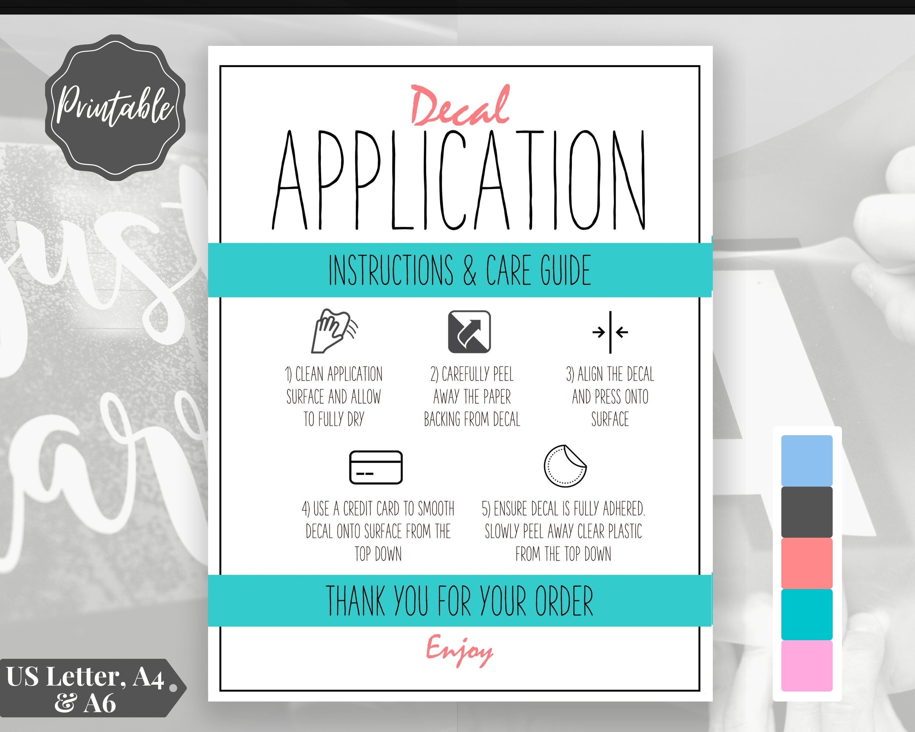 Decal Application Instructions Printable Vinyl Care Card - Etsy Canada