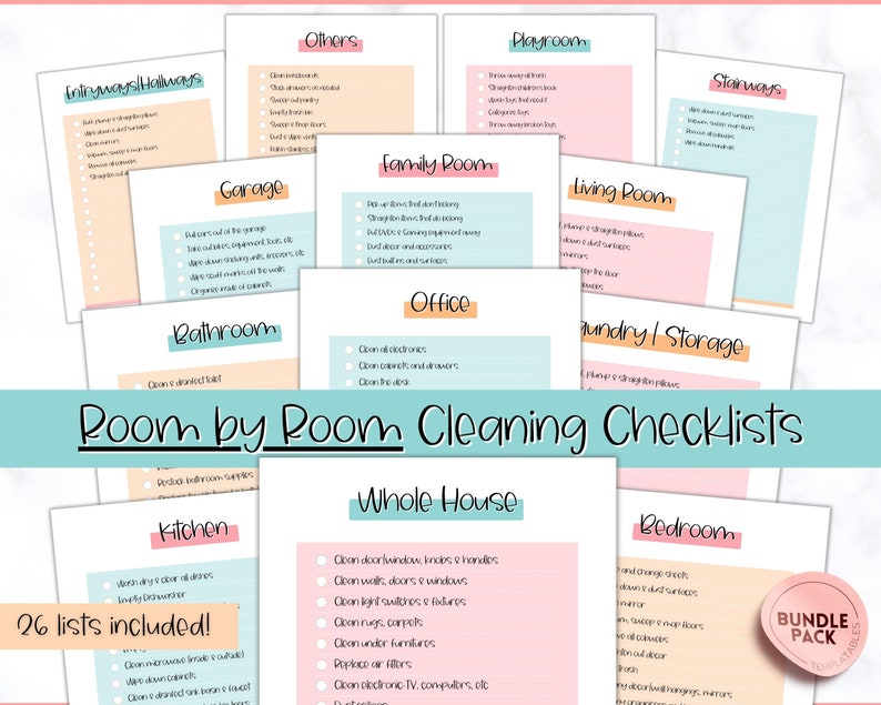 Room by Room Cleaning Cards, Printable Family & Kids Cleaning Checklist ...