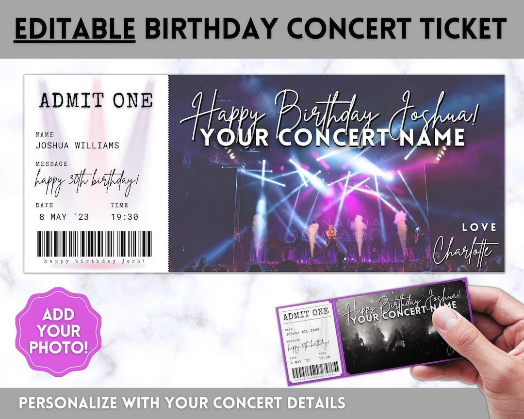 Concert Ticket Template, BIRTHDAY EDITABLE Surprise Getaway Gift ...