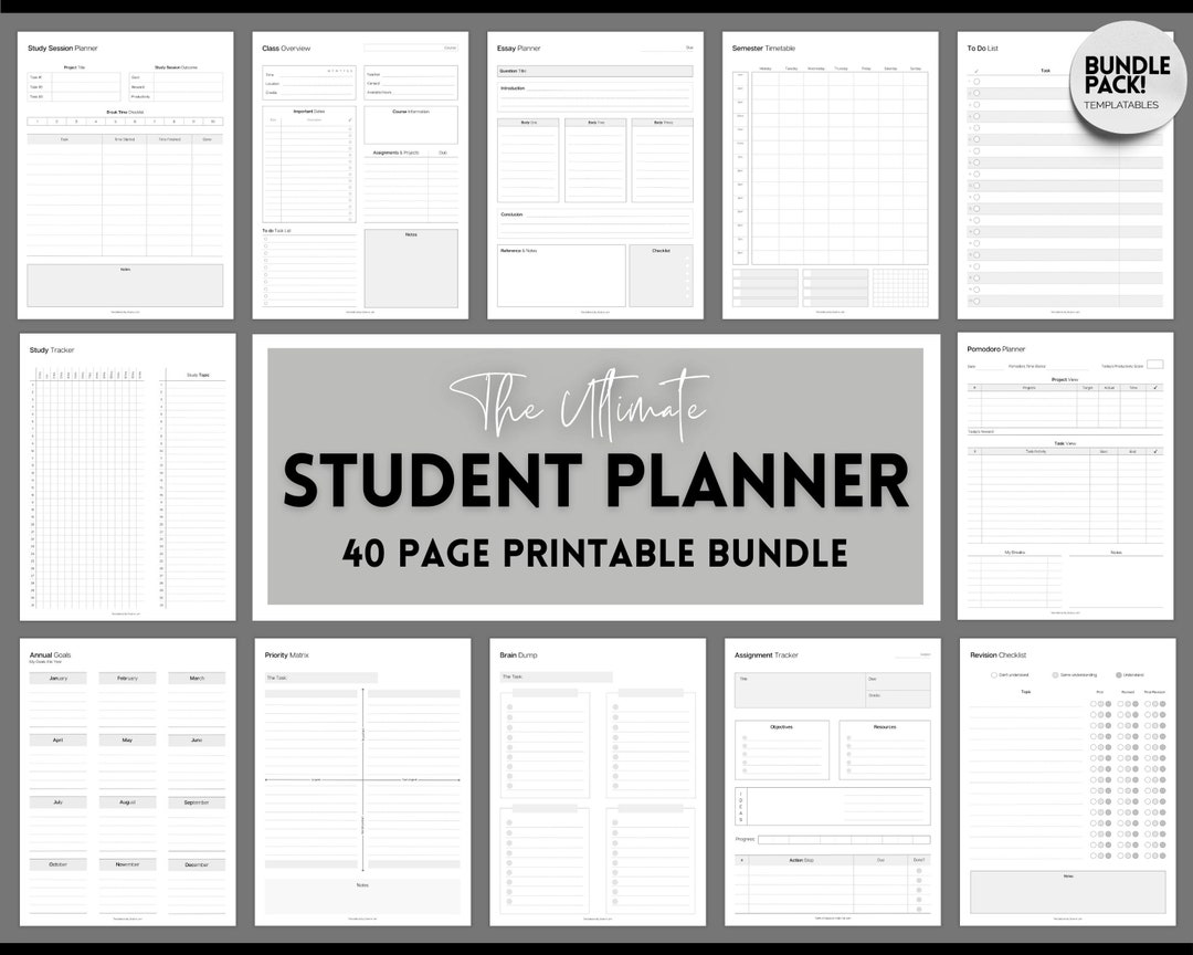 Student Planner Printable BUNDLE, 40+ Pg Study Planner, Academic, Project, Productivity, Exam ...