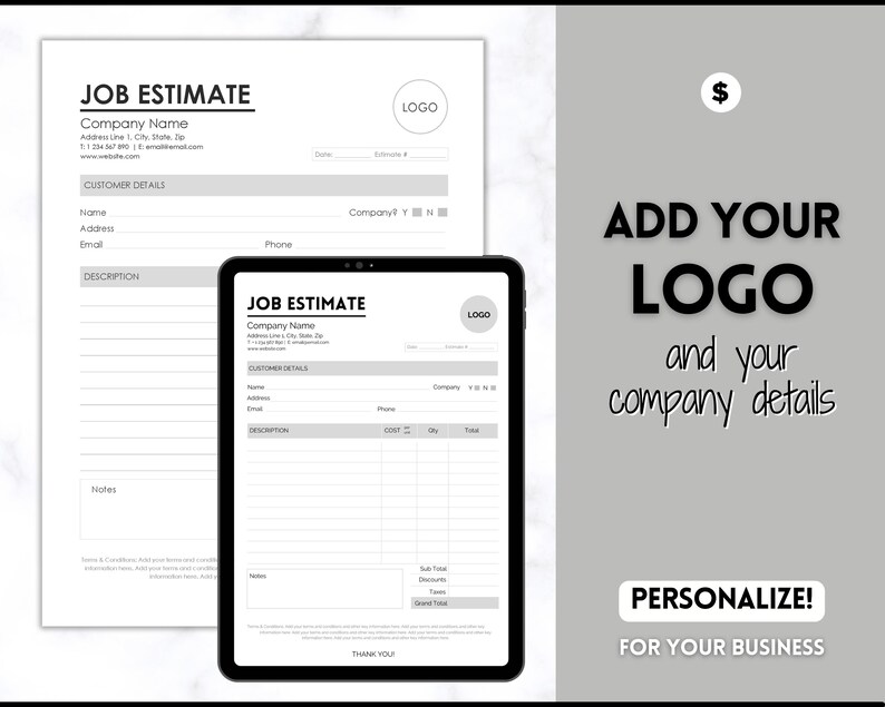 Job Estimate Template, Editable Small Business Template, Invoice Order ...